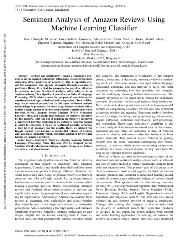 (PDF) Sentiment Analysis of Amazon Reviews Using Machine Learning ...