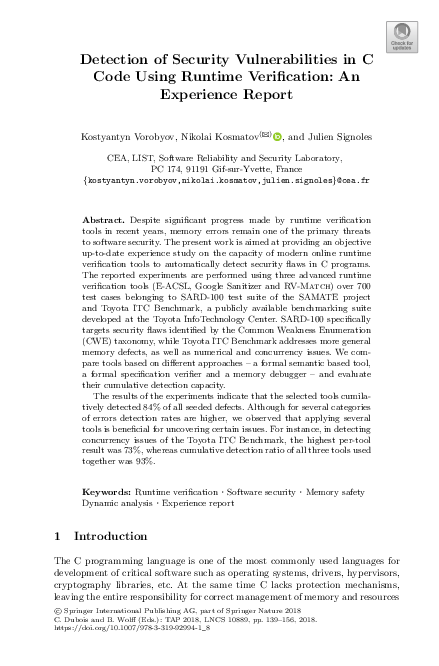 (PDF) Detection of Security Vulnerabilities in C Code Using Runtime Verification: An Experience ...