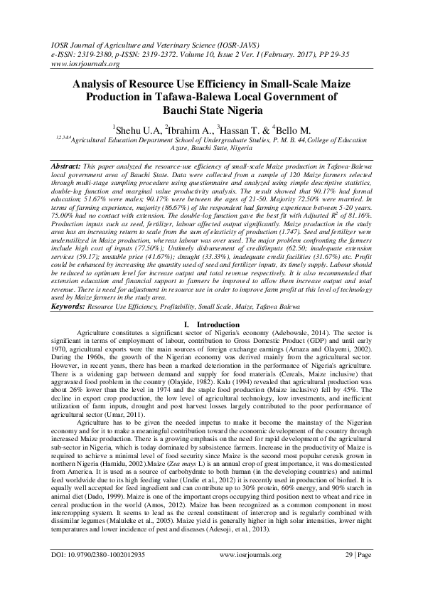 (PDF) Analysis of Resource Use Efficiency in Small-Scale Maize Production in Tafawa-Balewa Local ...