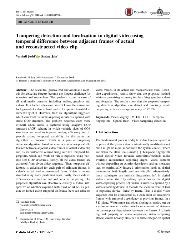 (PDF) Tampering detection and localization in digital video using temporal difference between ...