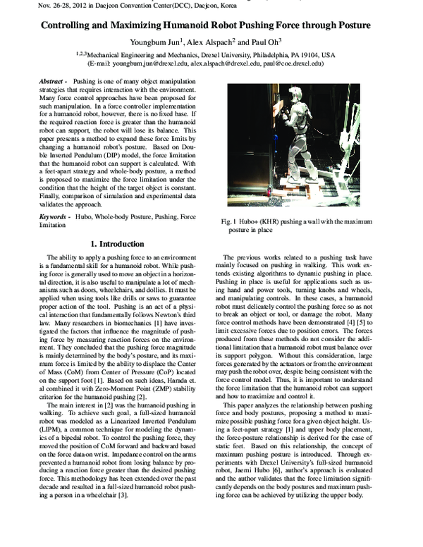 (PDF) Controlling and maximizing humanoid robot pushing force through ...