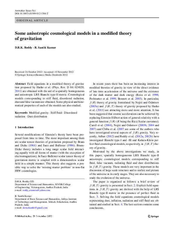 Pdf Some Anisotropic Cosmological Models In A Modified Theory Of