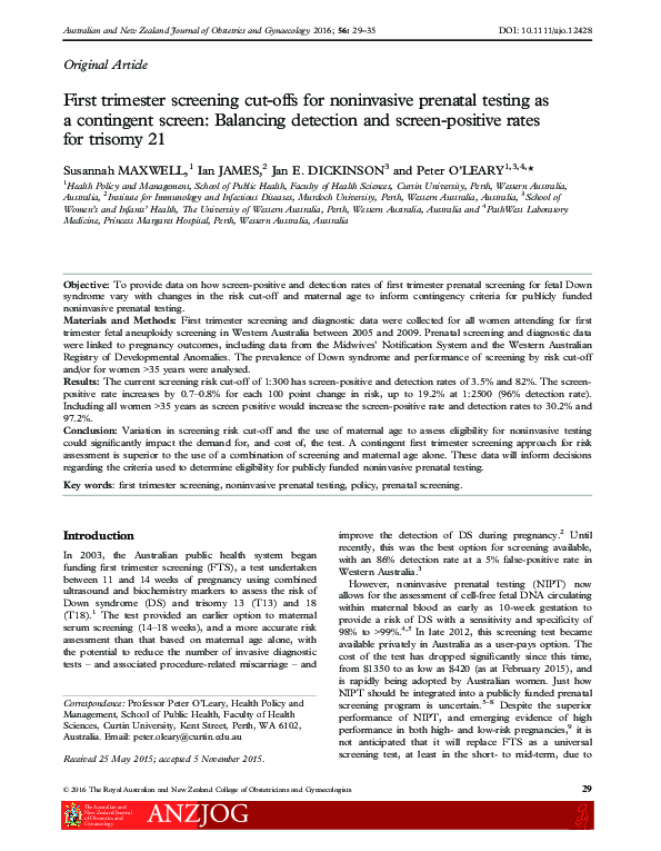 (PDF) First trimester screening cut-offs for noninvasive prenatal ...