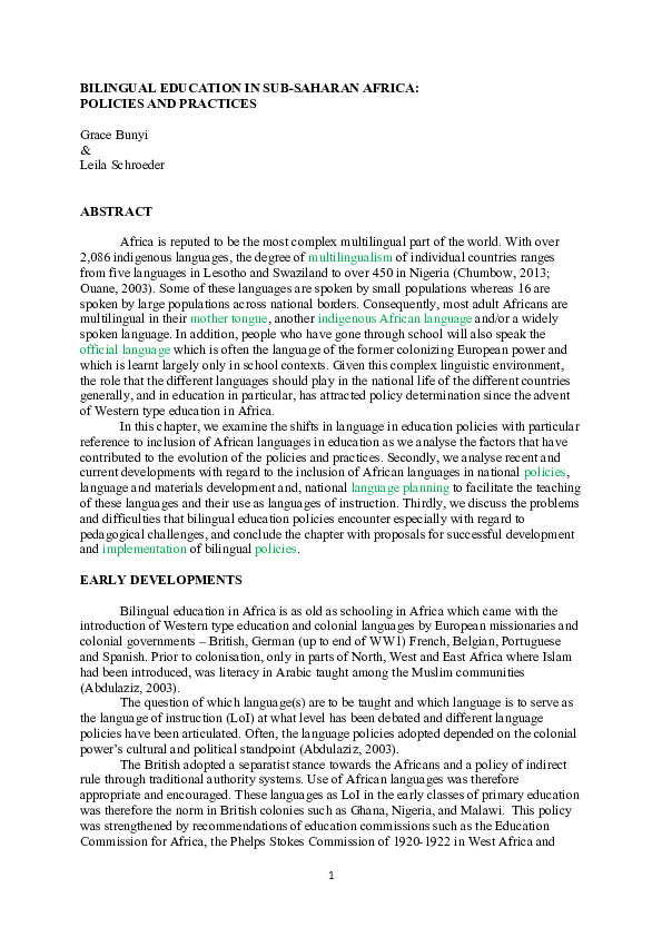 (DOC) Bilingual Education in Sub-Saharan Africa: Policies and Practice