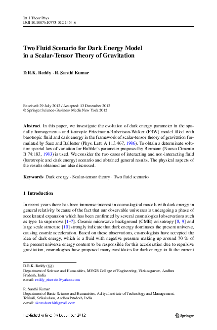 (PDF) Two Fluid Scenario for Dark Energy Model in a Scalar-Tensor Theory of Gravitation