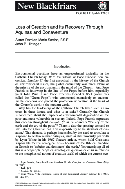 (PDF) Loss of Creation and its Recovery Through Aquinas and Bonaventure