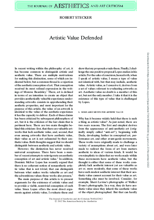 (PDF) Artistic Value Defended