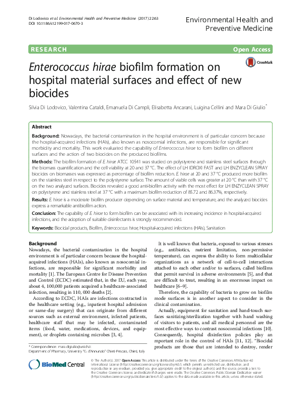 (PDF) Enterococcus hirae biofilm formation on hospital material ...