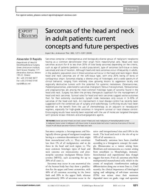 (PDF) Sarcomas of the head and neck in adult patients: current concepts ...
