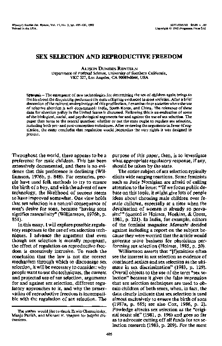 Pdf Sex Selection And Reproductive Freedom Alison Dundes Renteln