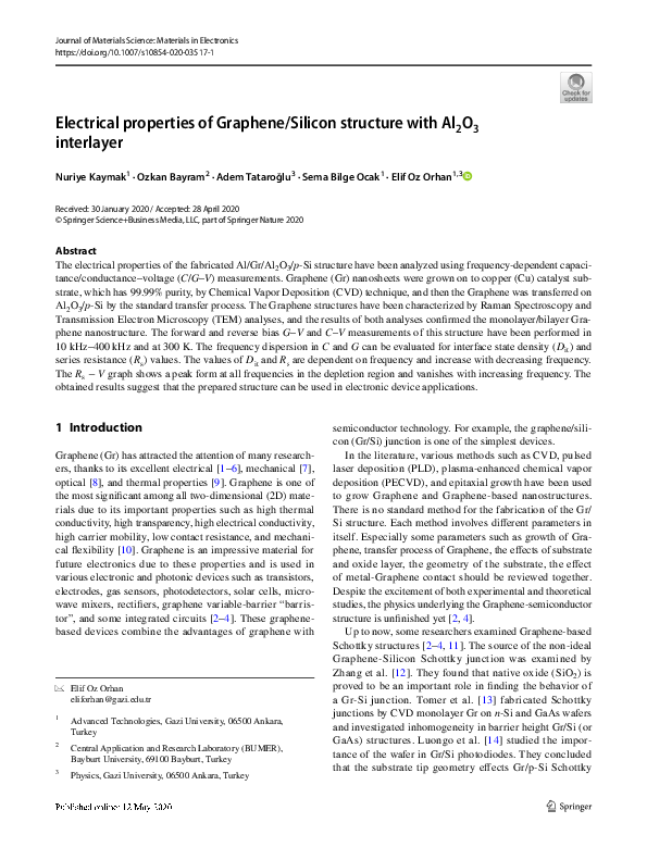 (PDF) Electrical properties of Graphene/Silicon structure with Al2O3 interlayer