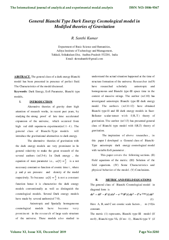 (PDF) General Bianchi Type Dark Energy Cosmological model in Modified theories of Gravitation