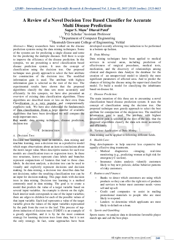 (PDF) A Review of A Novel Decision Tree Based Classifier for Accurate Multi Disease Prediction
