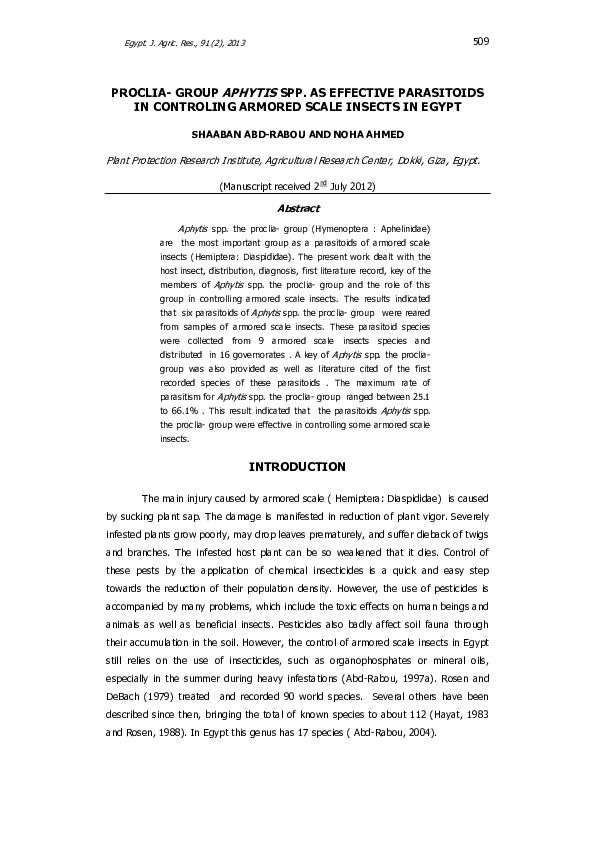 (PDF) Proclia- Group Aphytis Spp. As Effective Parasitoids in ...