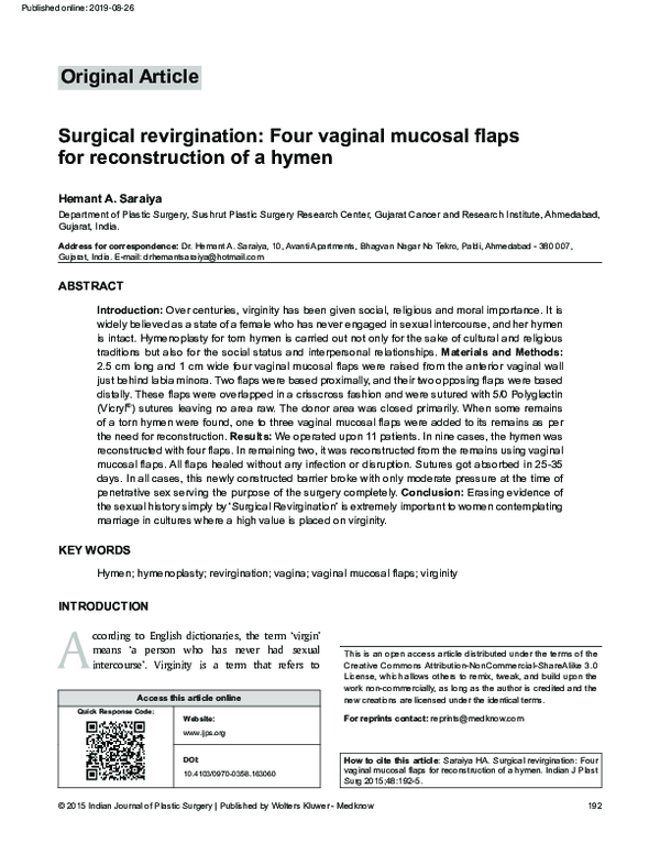 (PDF) Surgical revirgination: Four vaginal mucosal flaps for reconstruction of a hymen