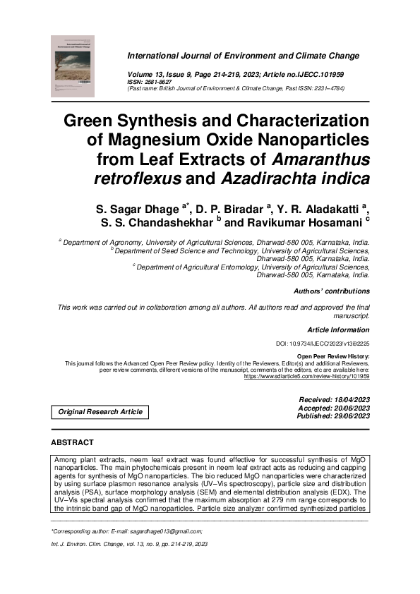 (PDF) Green Synthesis and Characterization of Magnesium Oxide Nanoparticles from Leaf Extracts ...