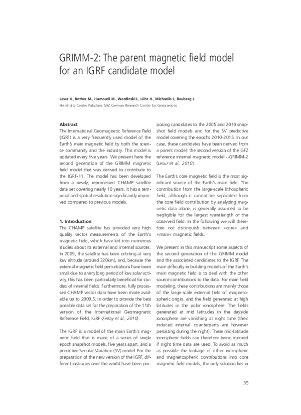 (PDF) GRIMM-2 : the parent magnetic field model for an IGRF candidate model