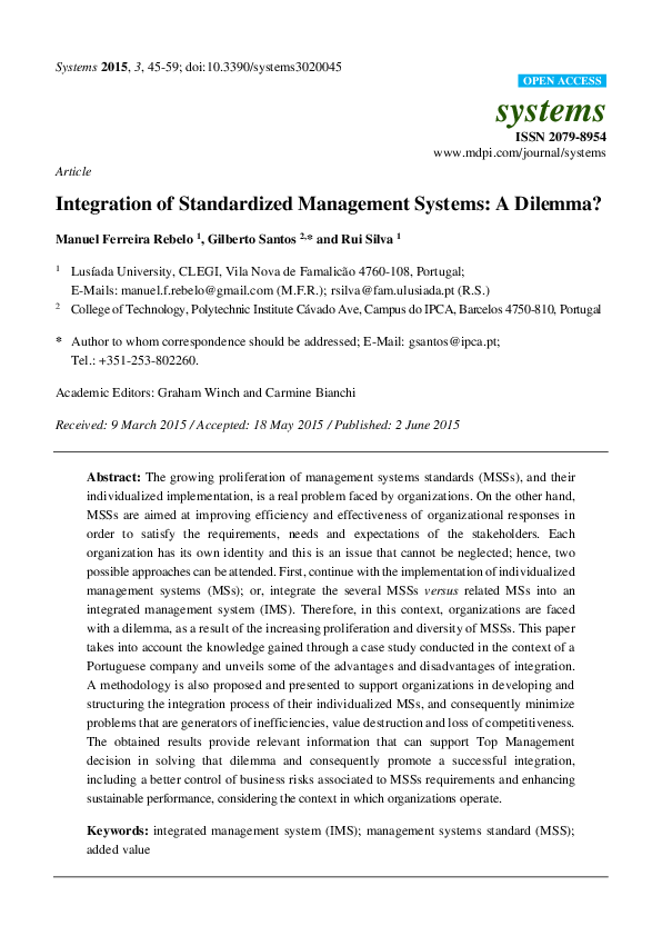 (PDF) Integrating Management Systems: A Strategic Dilemma