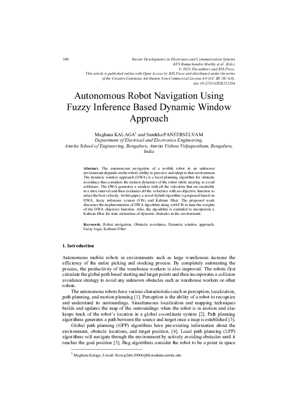 Pdf Autonomous Robot Navigation Using Fuzzy Inference Based Dynamic Window Approach Surekha