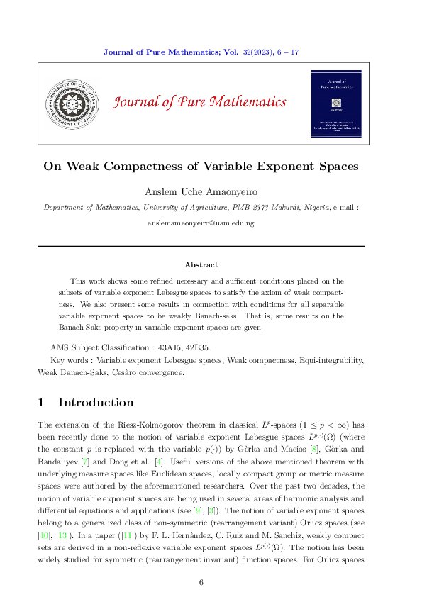 (PDF) On Weak Compactness of Variable Exponent Spaces | Anslem Amaonyeiro - Academia.edu