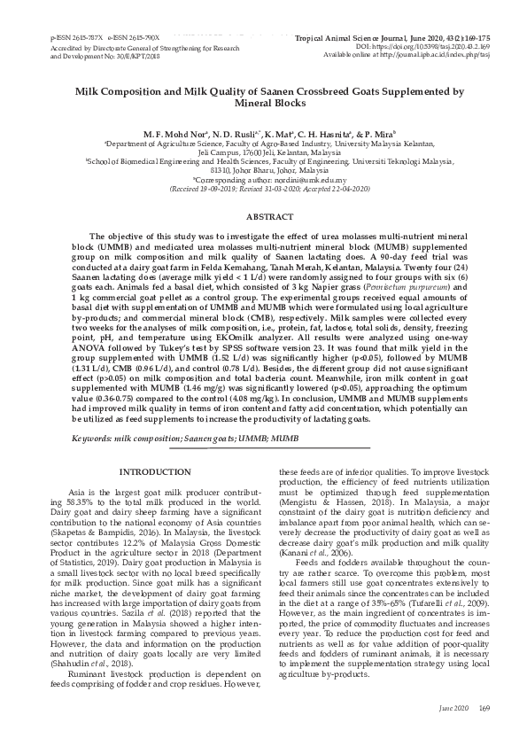 (PDF) Milk Composition and Milk Quality of Saanen Crossbreed Goats Supplemented by Mineral Blocks