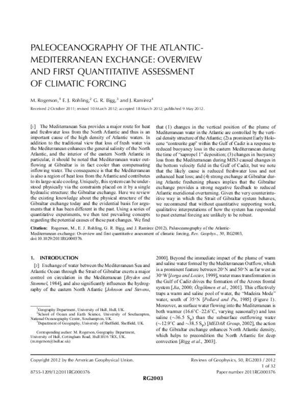 (PDF) Paleoceanography of the Atlantic‐Mediterranean exchange: Overview ...