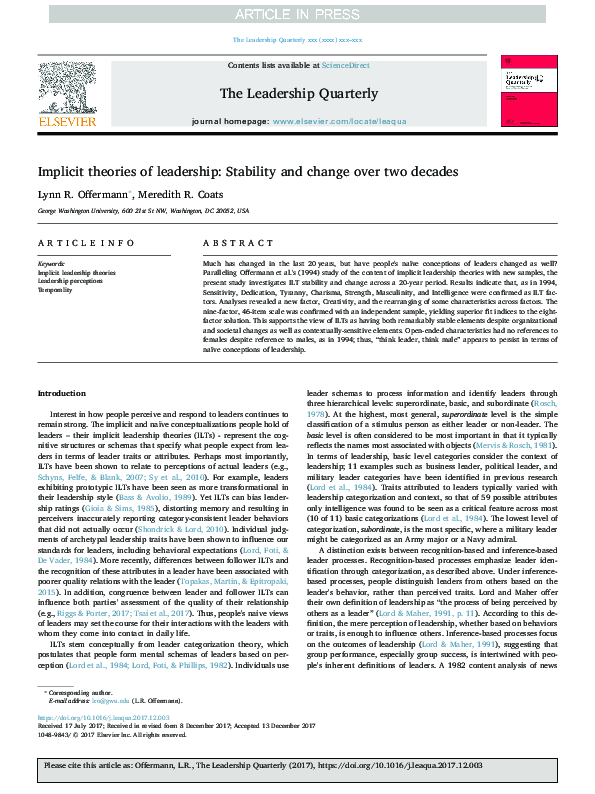 (PDF) Implicit theories of leadership: Stability and change over two ...