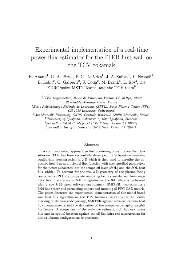 (PDF) Experimental implementation of a real-time power flux estimator for the ITER first wall on ...