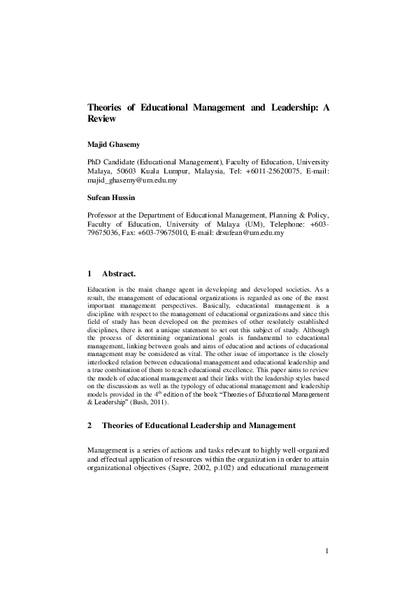 (PDF) Theories of Educational Management and Leadership: A Review