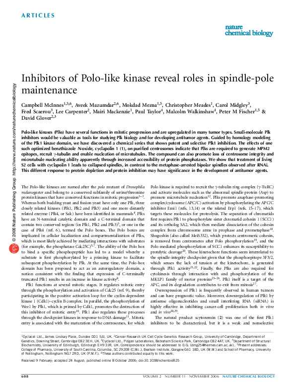 (PDF) Inhibitors of Polo-like kinase reveal roles in spindle-pole ...