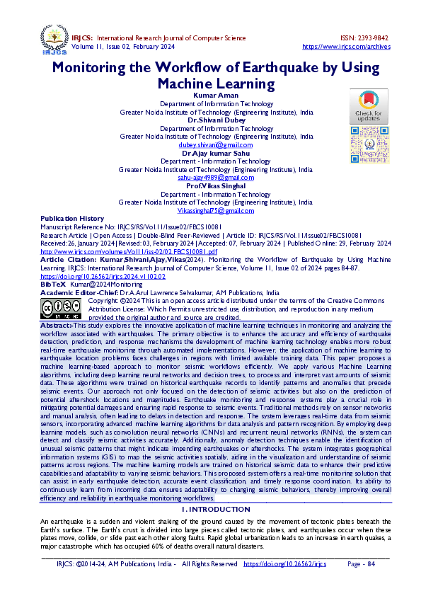 (PDF) Monitoring the Workflow of Earthquake by Machine Learning