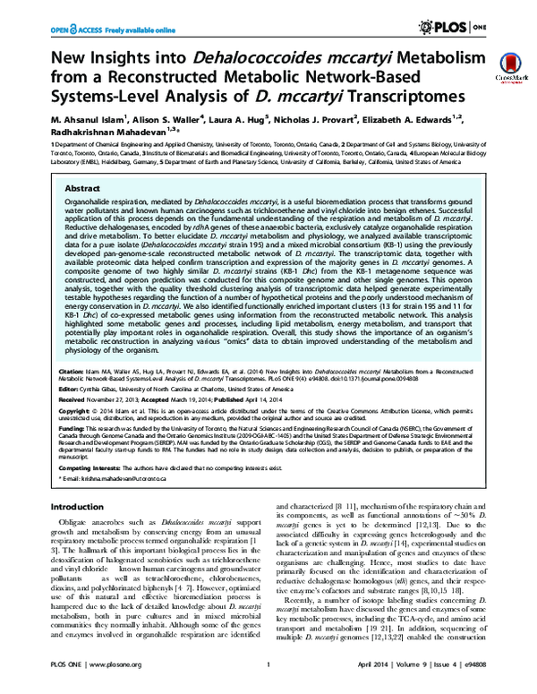 (PDF) New Insights into Dehalococcoides mccartyi Metabolism from a ...