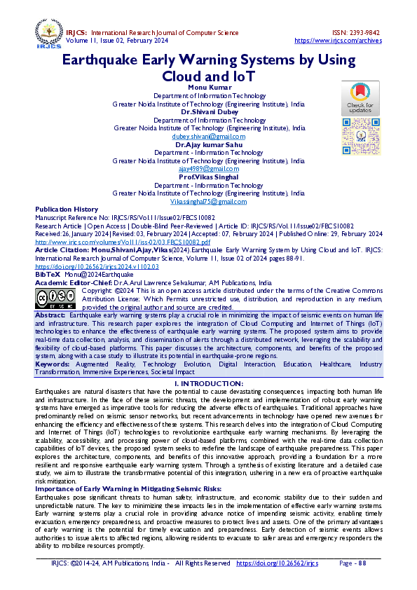 (PDF) Earthquake Early Warning Systems by Using Cloud and IoT