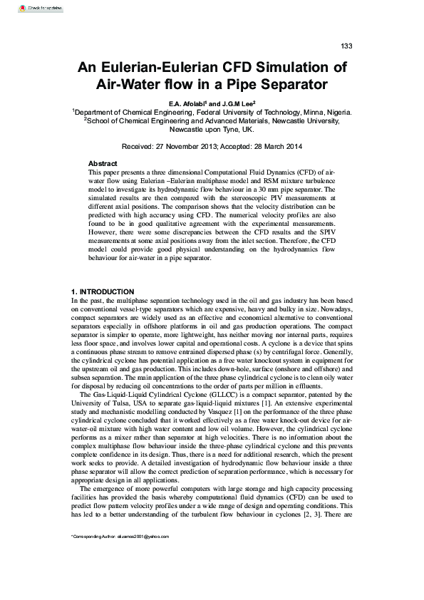 Pdf Cfd Analysis Of Air Water Flow In Pipe Separators