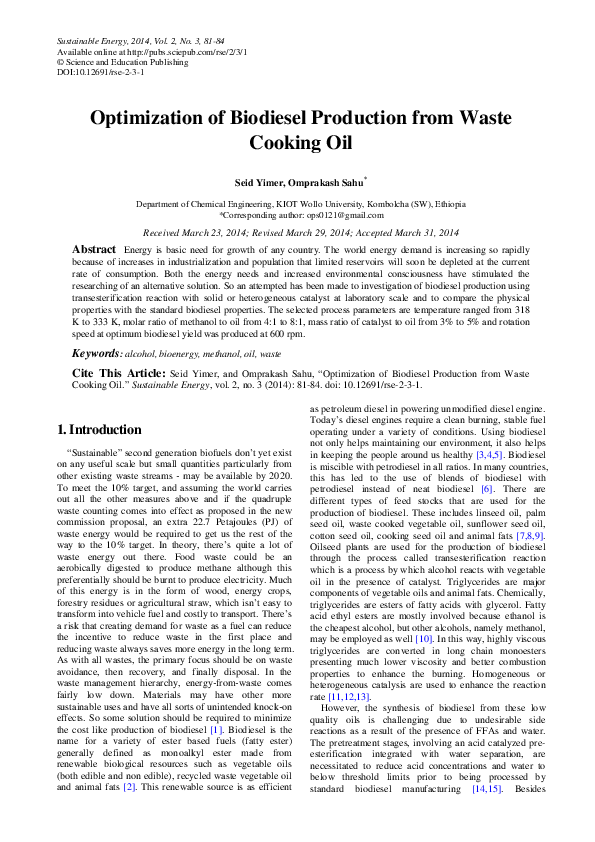 (PDF) Optimization of biodiesel production from waste cooking oil