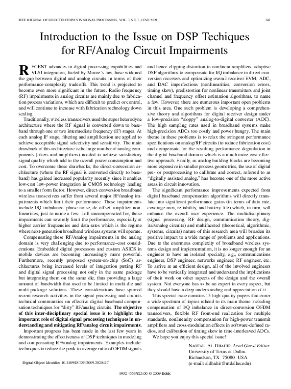 (PDF) Introduction to the Issue on DSP Techiques for RF/Analog Circuit Impairments | Anand Dabak ...