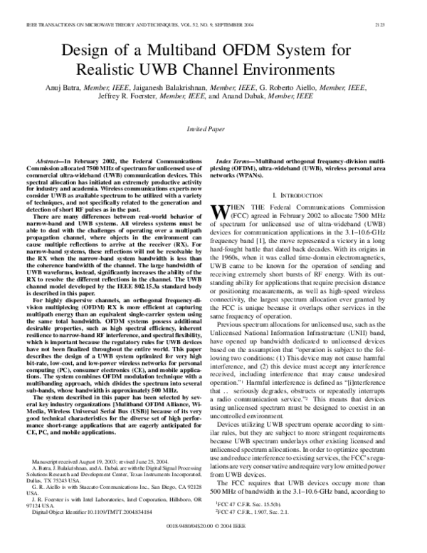 (PDF) Design of a Multiband OFDM System for Realistic UWB Channel Environments | Anand Dabak ...