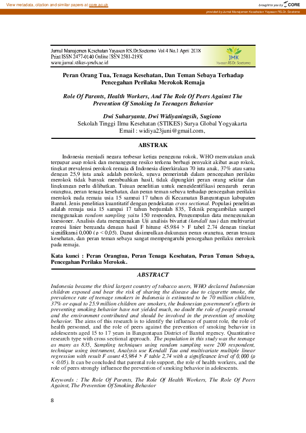 (PDF) Peran Orang Tua, Tenaga Kesehatan, Dan Teman Sebaya Terhadap Pencegahan Perilaku Merokok ...