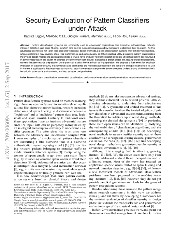 (PDF) Security Evaluation of Pattern Classifiers under Attack