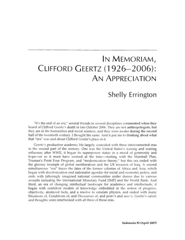 (PDF) In Memoriam, Clifford Geertz (1926 2006): An Appreciation