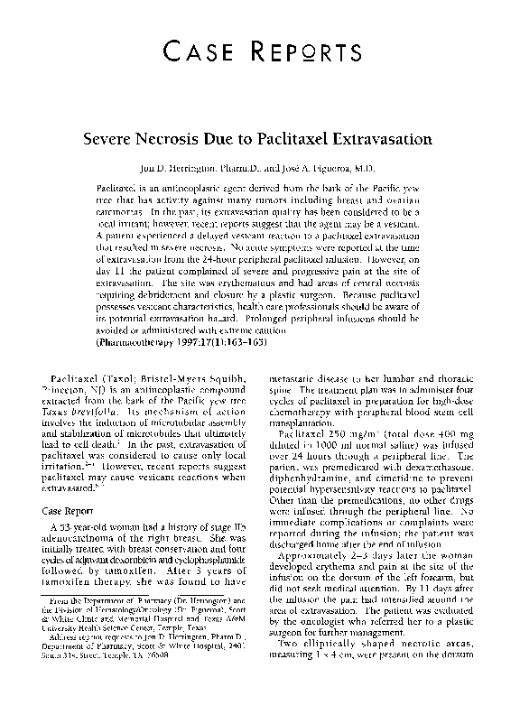 (PDF) Severe necrosis due to paclitaxel extravasation