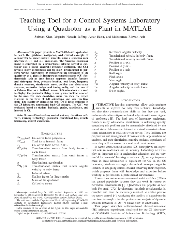 (PDF) Teaching Tool for a Control Systems Laboratory Using a Quadrotor ...