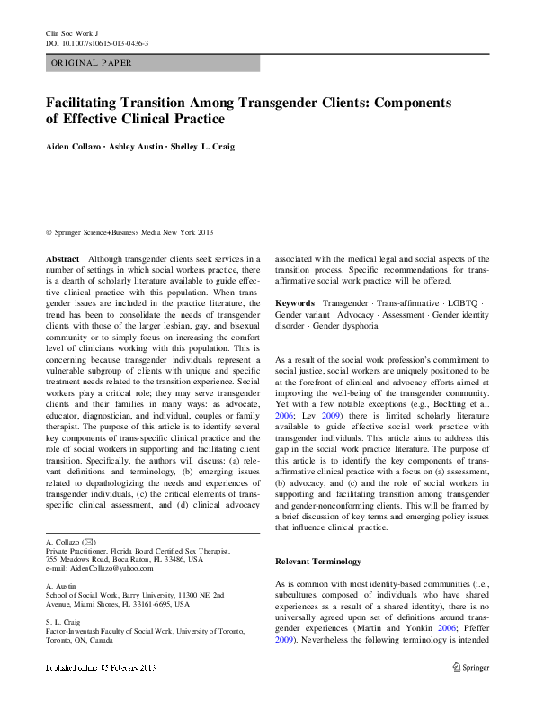 (PDF) Facilitating Transition Among Transgender Clients: Components of ...