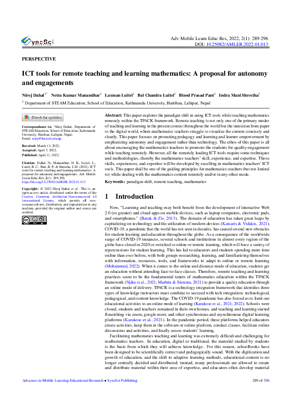 (PDF) ICT tools for remote teaching and learning mathematics: A proposal for autonomy and ...
