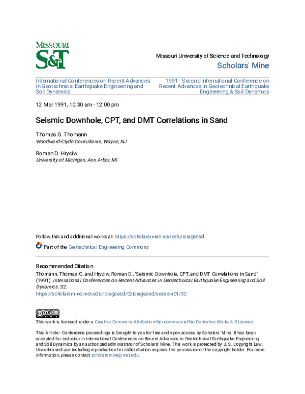 (PDF) Seismic Downhole, CPT, and DMT Correlations in Sand