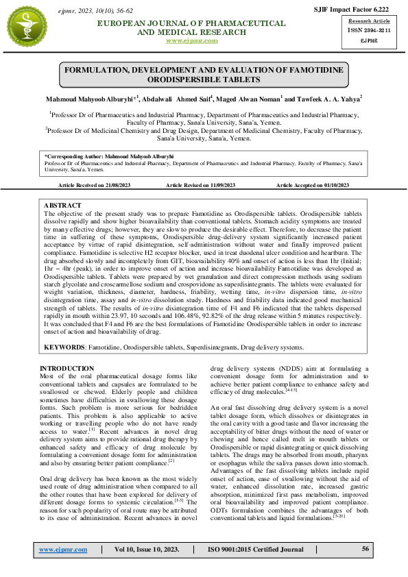 Pdf Formulation Development And Evaluation Of Famotidine Orodispersible Tablets