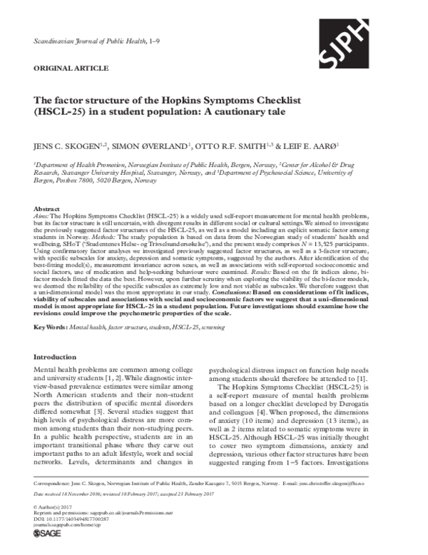 (PDF) The factor structure of the Hopkins Symptoms Checklist (HSCL-25 ...