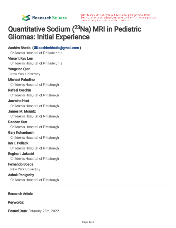 (PDF) Quantitative Sodium (23Na) MRI in Pediatric Gliomas: Initial ...