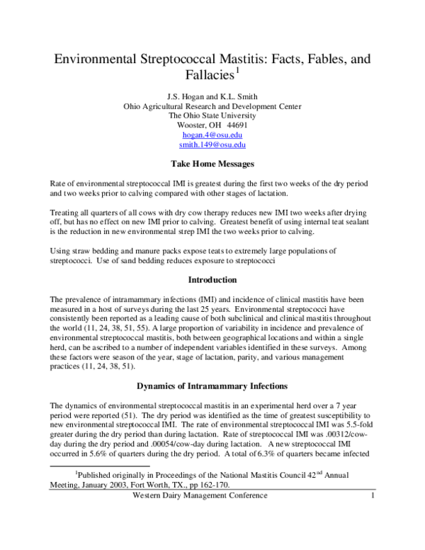 (PDF) Environmental Streptococcal Mastitis: Facts, Fables, and Fallacies