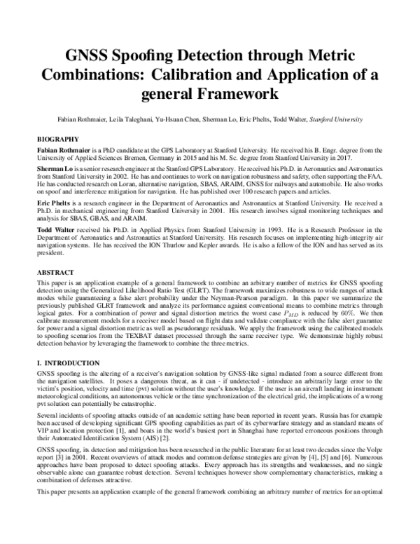 (PDF) GNSS Spoofing Detection through Metric Combinations: Calibration and Application of a ...